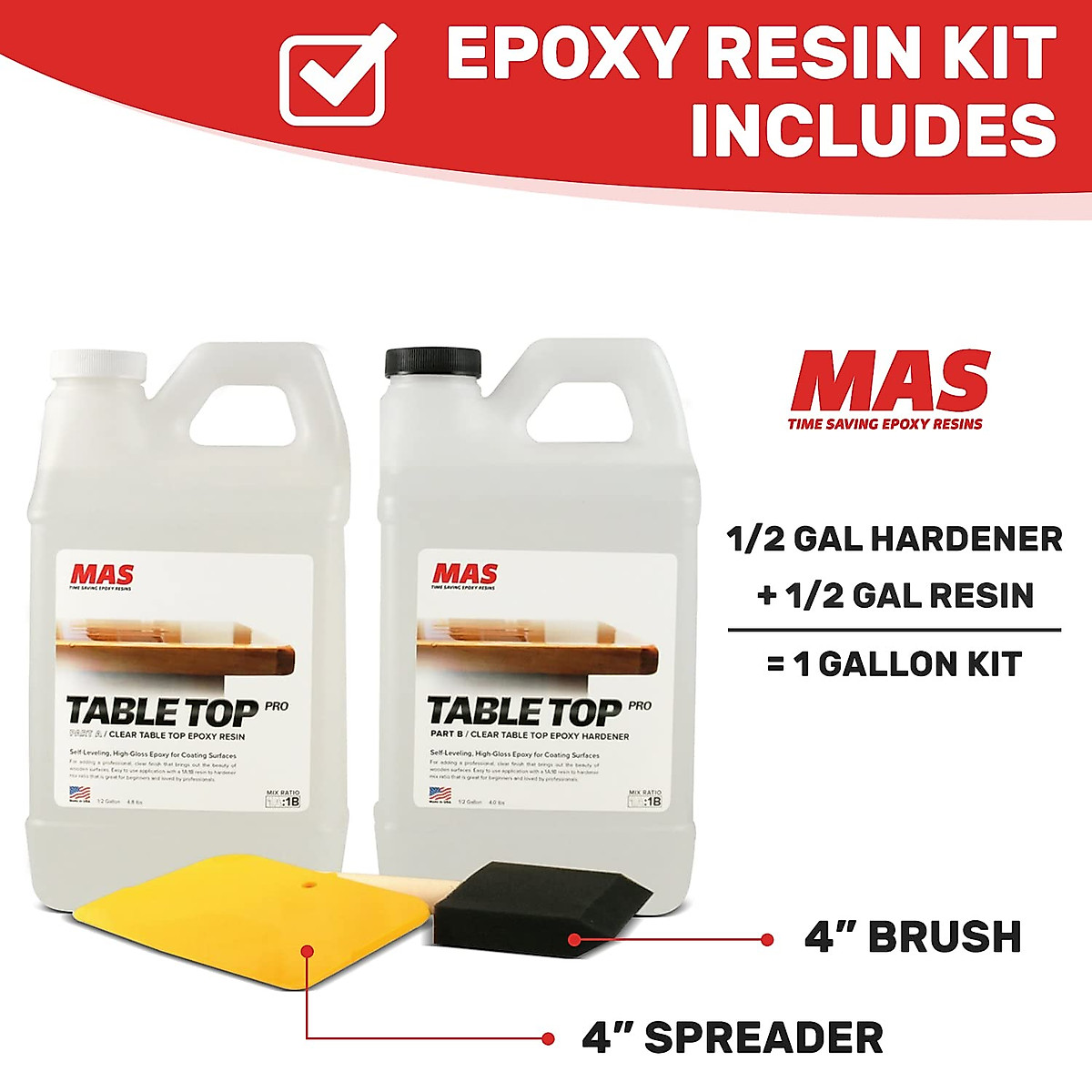 MAS Table Top Pro (1-Gallon Kit) | Crystal Clear Casting for DIY Arts and Crafts Projects | 2-Part Resin and Hardener Epoxy Kit | for Countertops, Wood Tables, Tabletops, Bar Tops, and More