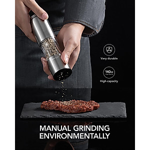 FORLIM Salt and Pepper Grinder Set with Dust Cover, Manual Pepper Mill with Adjustable Coarseness, Brushed Stainless Steel, Ceramic grinding core, 4.7oz Large Capacity, Spice Grinder (Set/Silver)