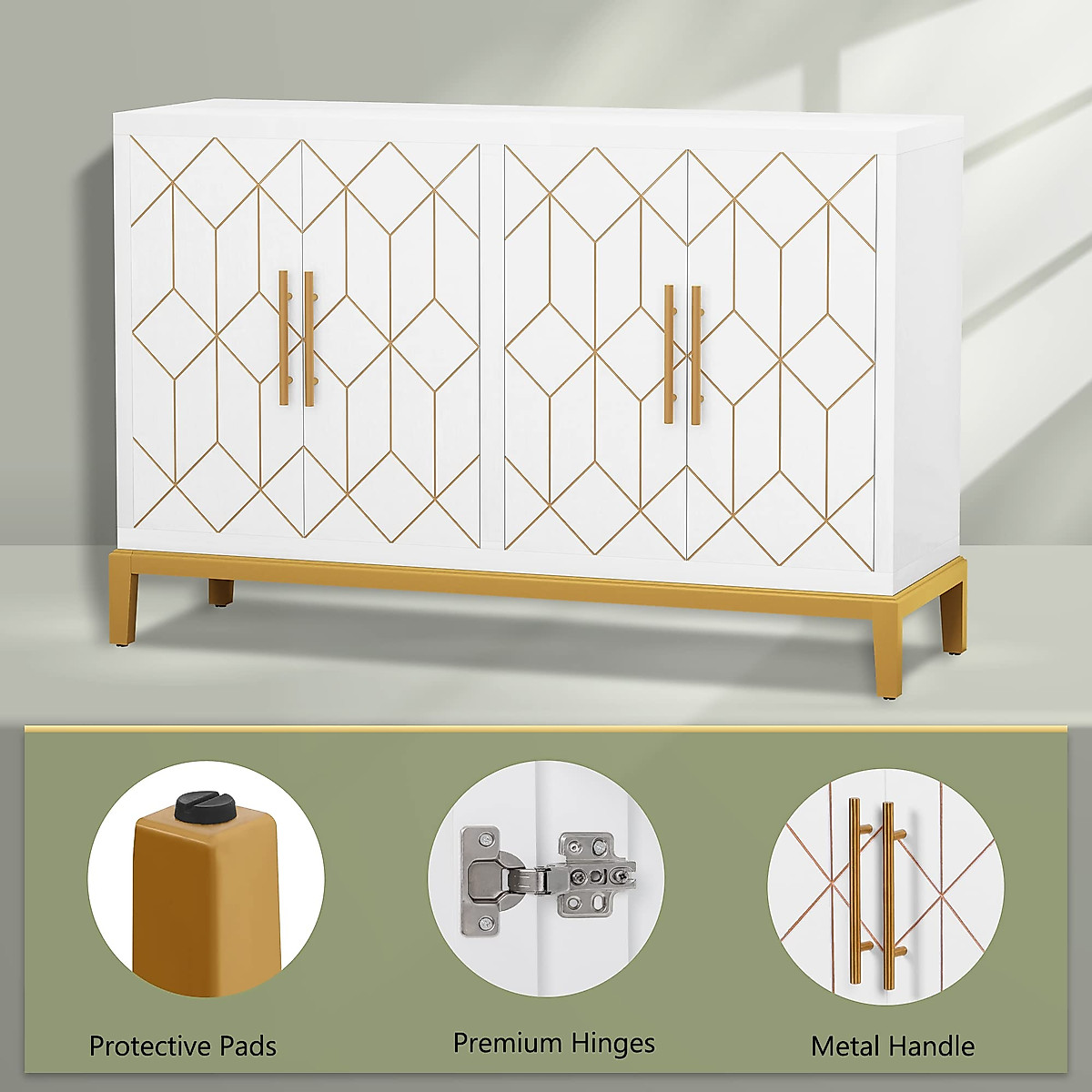 HLR Accent Cabinet with 4 Doors and Shelves, Sideboard Buffet Cabinet with Gold Lines, Modern Credenza Storage Decorative Cabinet for Living Room, Entryway, Kitchen, Dining Room, White