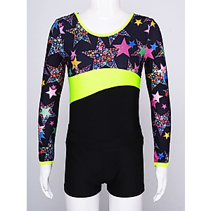 Daenrui Kids Girls Long Sleeve Gymnastics Leotards with Shorts Biketard 2 Pieces Ballet Dance Outfits Tracksuit Starry 12 Years