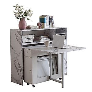 FUNROLUX Folding Dining Table and Sideboard Cabinet Set, Movable Kitchen Table and Buffet Cabinet with Storage Space for Dining Room, Living Room (White)