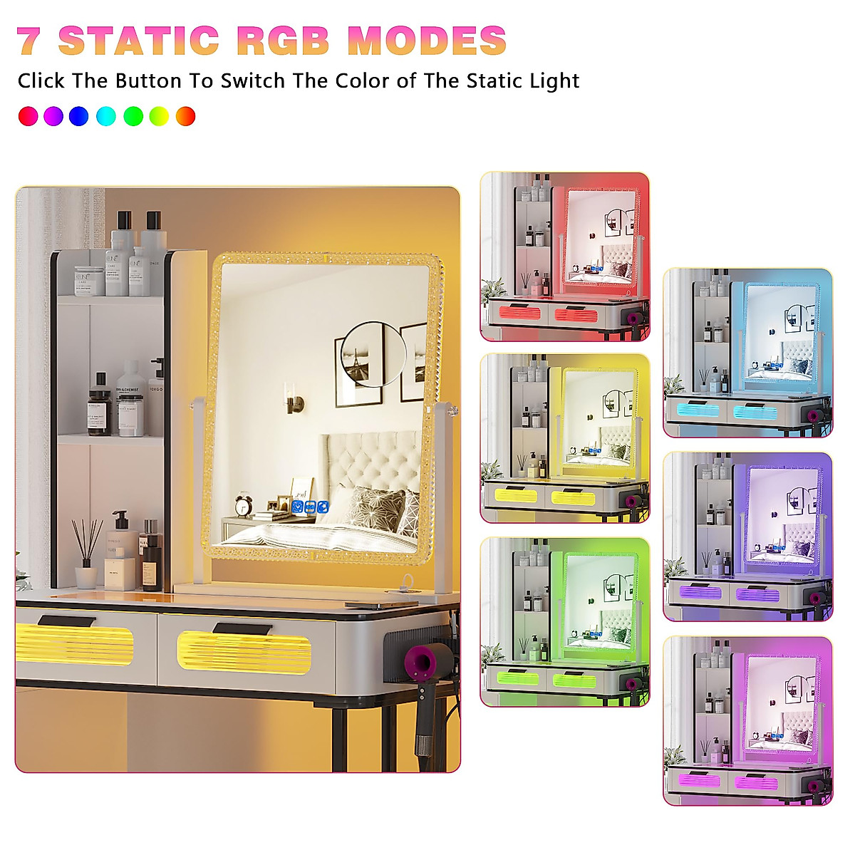 MDGC RGB Make Up Vanity with Wireless Charging Station,7 Dynamic&7 Static Dimmable Vanity Desk with Swivel Mirror and Lights,Makeup Vanity Table with Stool,5 Drawers,Glass Top,Open Shelf