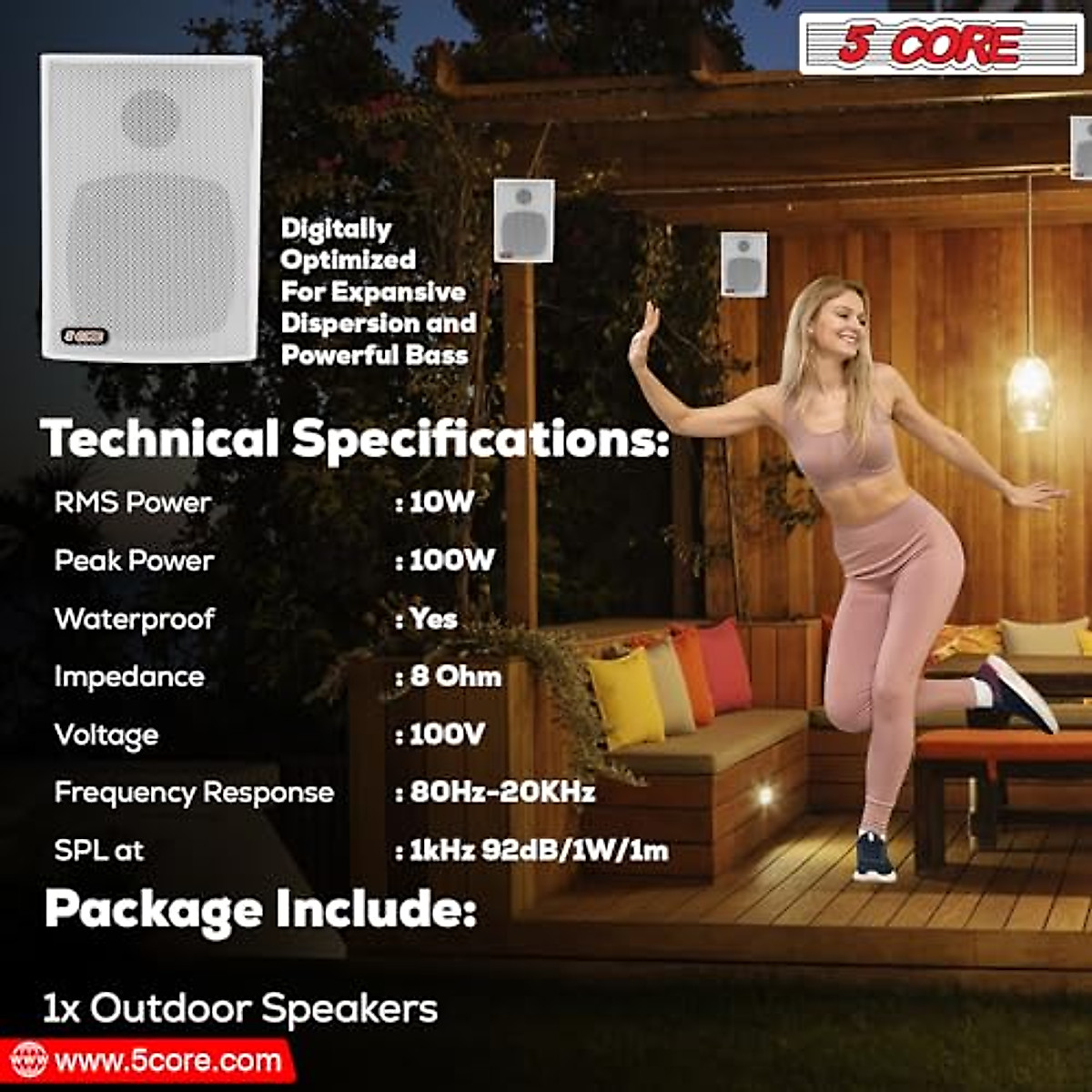 5 CORE Outdoor Speakers Stereo in Wall Speaker 100W Peak Passive Outside Surface Mount Wired Waterproof Patio House Garage Indoor Exterior Audio System Out Door Bocinas Para Casa - 13T WH 1PK
