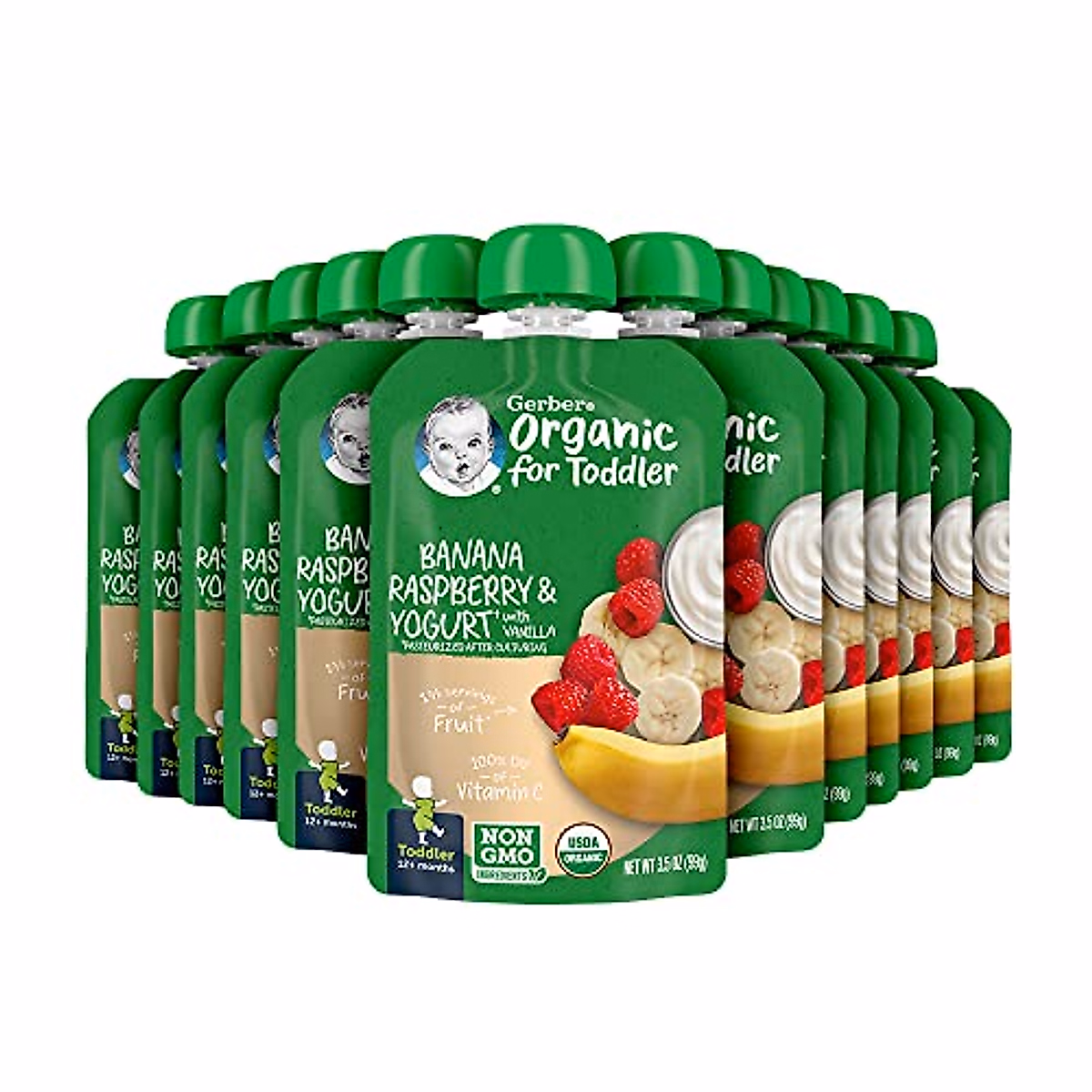 Gerber Organic Baby Food Pouches, Toddler, Banana Raspberry Yogurt Vanilla, 3.5 Ounce (Pack of 12)