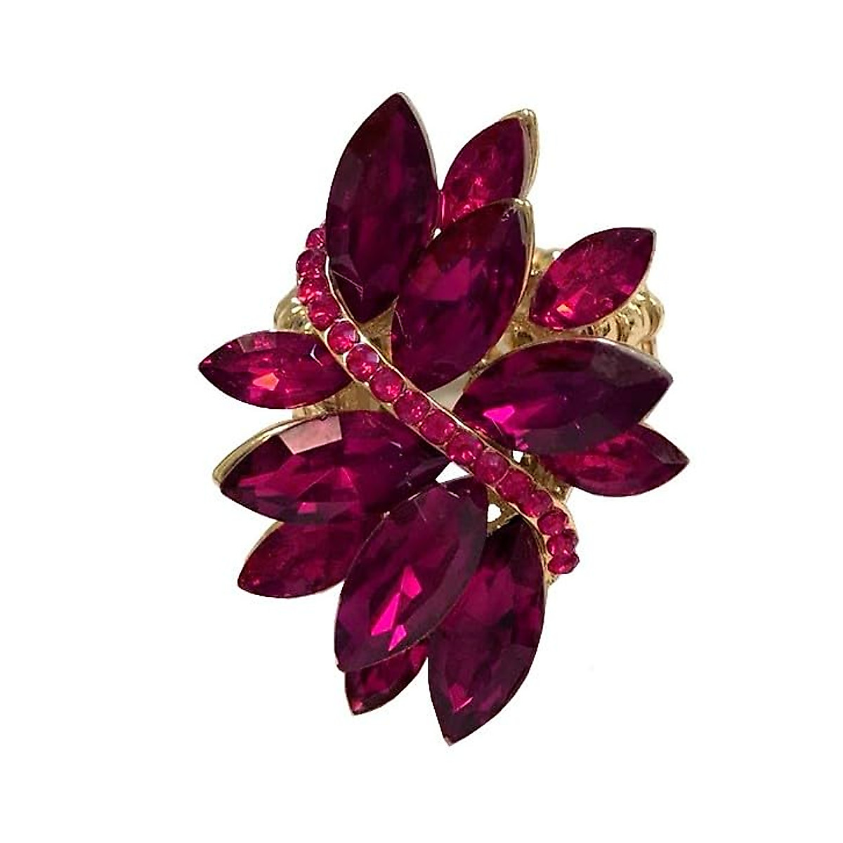 Rosemarie Collections Women's Dazzling Crystal Leaf Stretch Cocktail Ring (Fuchsia Pink/Gold Tone)