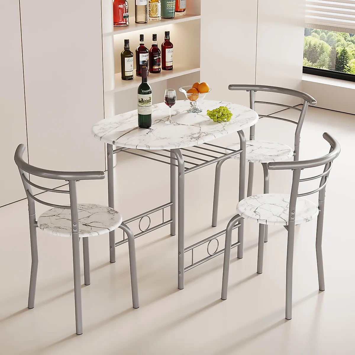 JUMMICO 3-Piece Wooden Round Table & Chair Set, Space Saving Kitchen Breakfast Nook Wood Grain Tabletop with Metal Frame and Built-in Wine Rack for Kitchen, Dining Room (White/Silver)