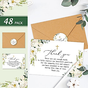 Whaline 48Pcs Funeral Thank You Cards Cross Sympathy Thank You Card with Stickers Envelopes Flower Bereavement Card for Memorial Service Loved Ones Celebration of Life