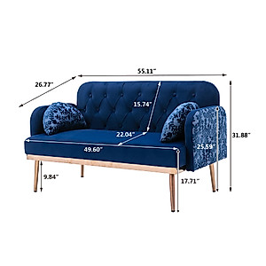 Modern Velvet Loveseat Sofa, Comfy Upholstered 2-Seater Sofa with Gold Metal Legs, Small Loveseat Accent Couch for Living Bedroom Leisure Areas (Navy+Velvet)