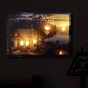 Rivers Edge Products LED Canvas Wall Art, 24 by 16 Inches, Fiber Optic Light Up Wall Decor, Battery Operated Lighted Nature Canvas Print, LED Light Kitchen, Bedroom, or Home Decor, Cabin Reward