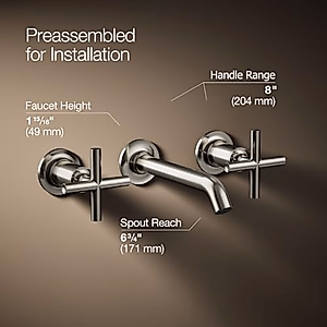 KOHLER Purist® Widespread wall-mount bathroom sink faucet trim with 6-1/4" spout and cross handles, requires valve