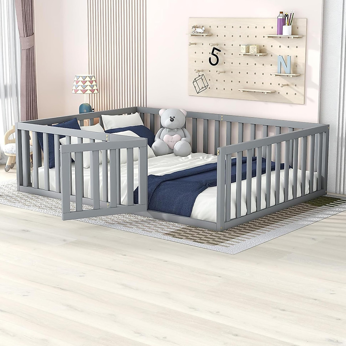 Harper & Bright Designs Full Size Floor Bed with Rails,Montessori Floor Bed Wood Frame with Fence and Door, for Kids Girls Boys-Gray