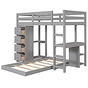 Polibi Twin Over-Twin Bunk Bed with Built-in Desks, Drawers and Shelves, Twin Size Wooden Loft Bed with 4 Storage Drawers, Desk, Shelves and Bottom Platform Bed (Grey)