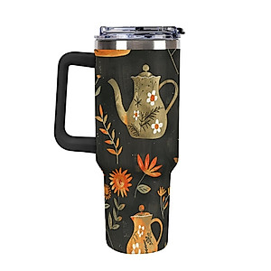 YTLKGFP 40 Oz Large Capacity Car Cup Plants And Teapot Tumbler with Handle (Black) Straw Lid Insulated Stainless Steel Water Bottle Travel Mug Leak-proof Car Cup Keeps Cold Or Hot