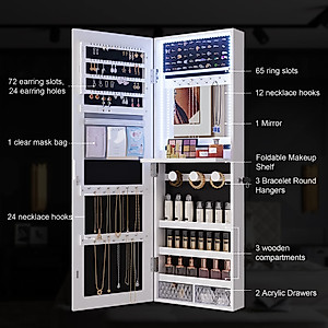 FREDEES LED Jewelry Mirror Cabinet with 42.52" Tall Door Mirror,Lockable Wall Mounted Jewelry Organizer, Full Length Mirror Jewelry Cabinet,2 Small Storage Boxes (White)