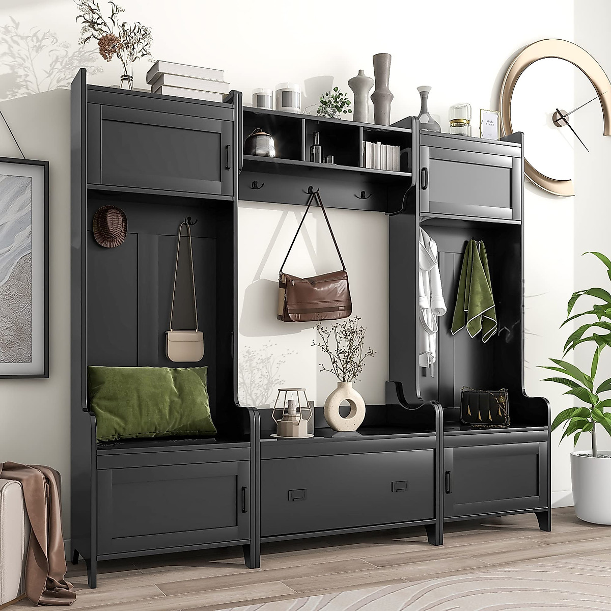 CKLMMC Modern Entryway Coat Hanger, 4-in-1 Multiple Functions Hall Tree with a Storage Bench, 7 Metal Black Hooks, and 4 Storage Cabinets (Black@4-in-1*)