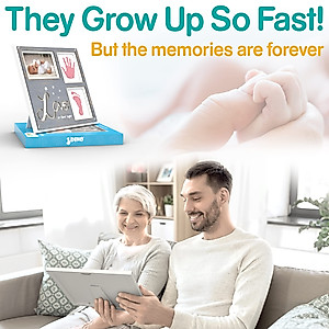 1Dino Premium Baby Handprint and Footprint Kit - 12.6” x 12.2" White/Grey Wood Picture Frame - Includes 2X Clean Touch Ink Pad Pink for Baby Hand and Footprints - Registry for Baby, Baby Shower Gifts