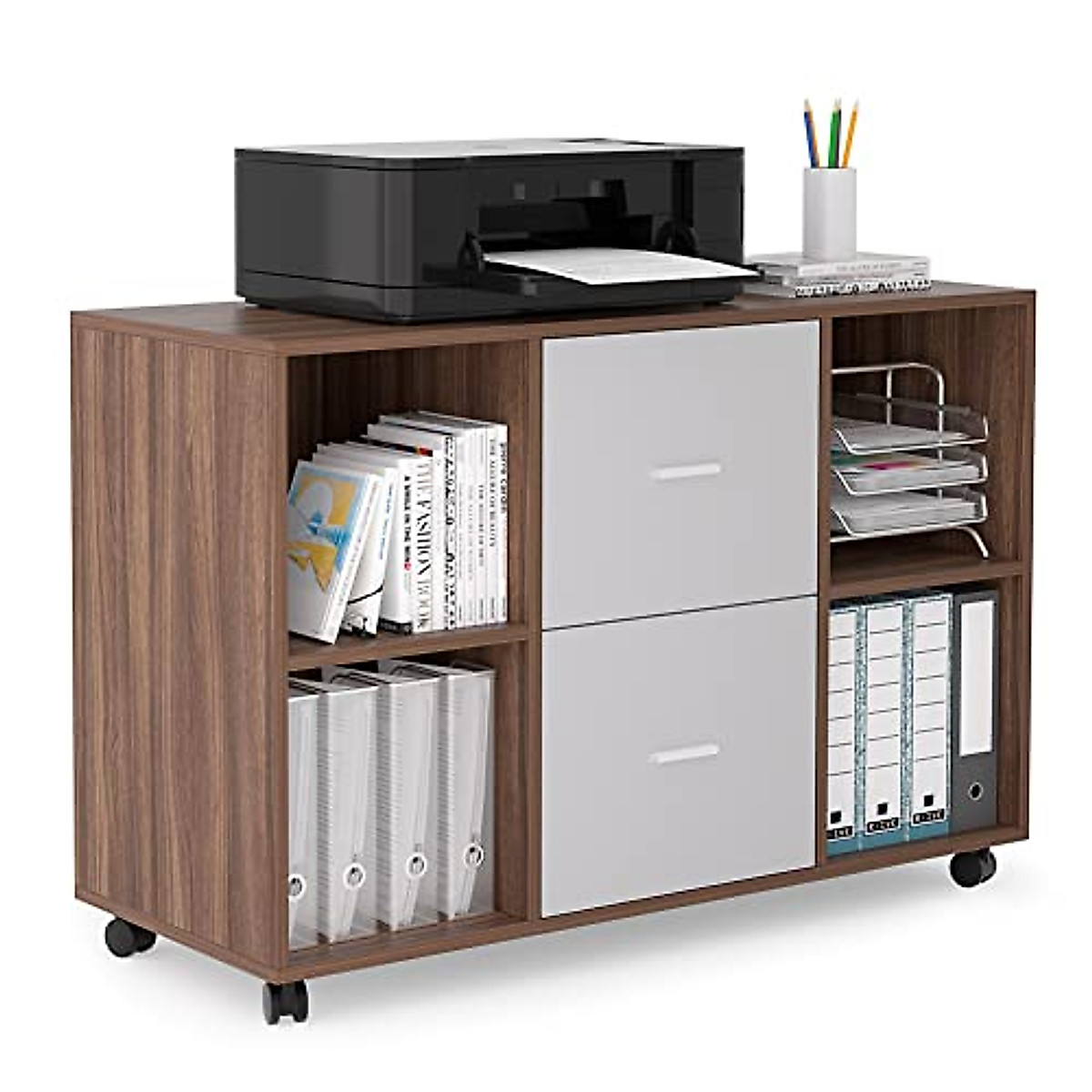 WILLIAMSPACE File Cabinet for Home Office，Filling Cabinets with 2 Drawer & 4 Open Shelves, Printer Stand with Storage Cabinet, Lateral Filling Cabinets on Wheels/Scanner (2 Drawer,Walnut + Grey)