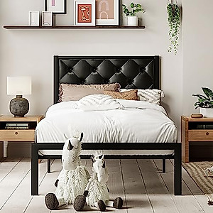 MUTICOR Stylish Twin Size Bed Frame with Faux Leather Upholstered Button Tufted Headboard, Sturdy Metal Slats, 11.8" Under Bed Storage,No Box Spring Needed, Easy Assembly,Black