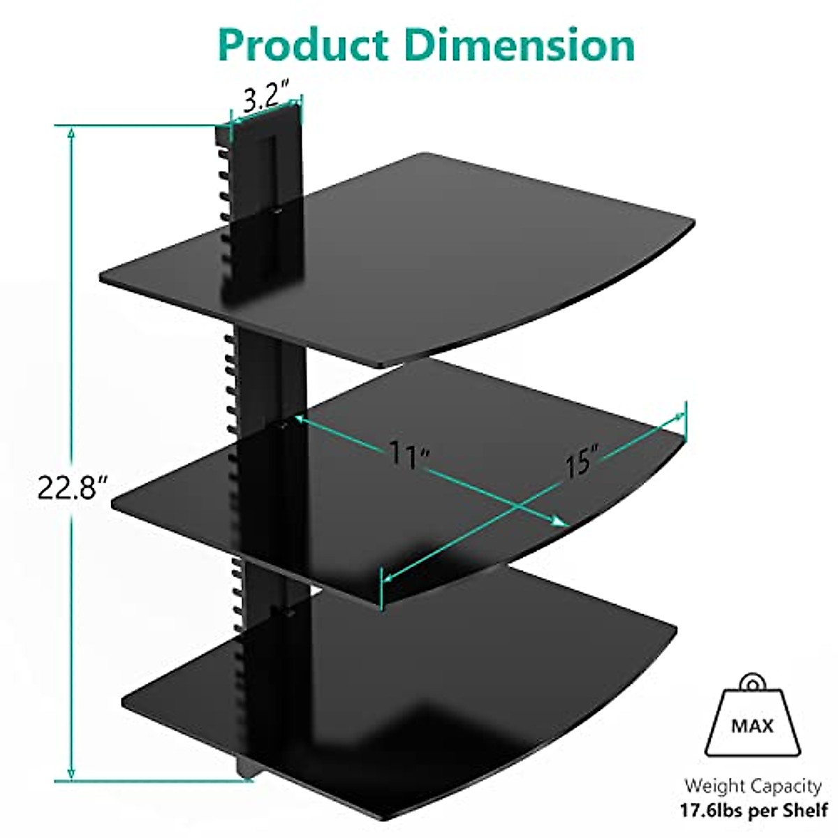 WALI Floating Entertainment Center Shelves, Holds Up to 17.6lbs, TV Shelf with Strengthened Tempered Glasses for DVD Players, Cable Boxes, Games Consoles, TV Accessories (CS303B), 3 Shelf, Black
