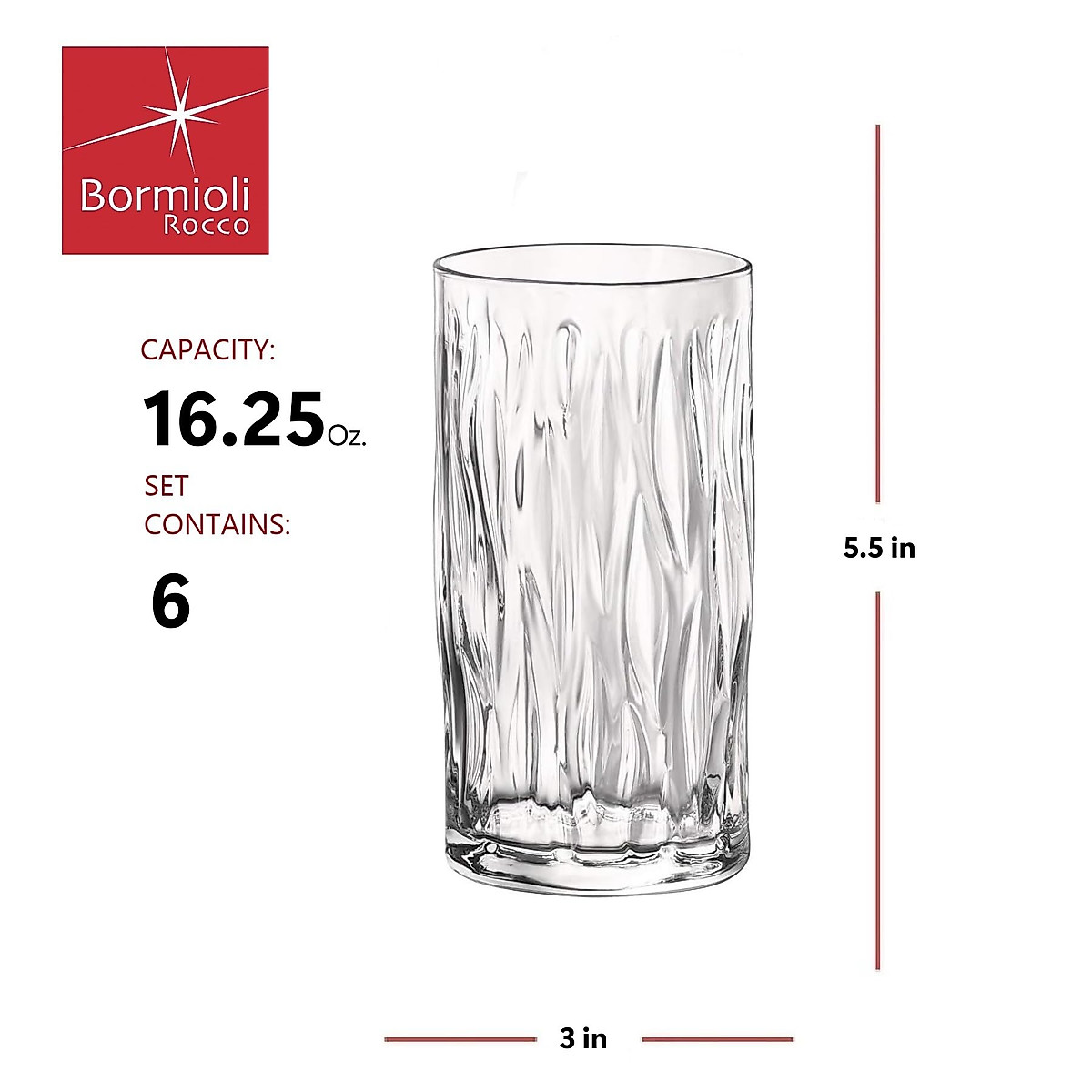 Bormioli Rocco Cooler Glass, Set of 6, 16.25 oz, Clear