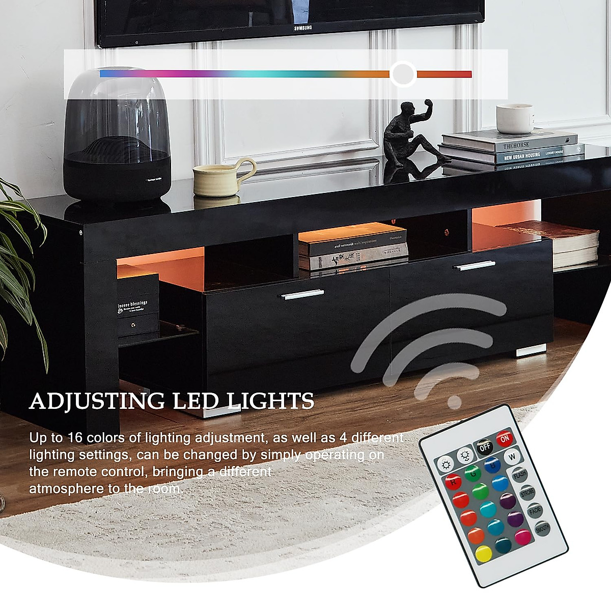Ugijei Black LED TV Stand for 75 Inch TV, Modern Media Console with Storage, High Gloss TV Table for Bedroom, Living Room