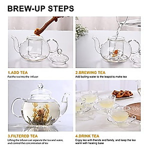 Glass Teapot Set, 40OZ/1200ml Stovetop Safe Glass Tea Kettle with Removable Infuser & Tea Warmer, Tea Cups and Saucers Set of 4, Blooming Tea & Loose Leaf Tea Maker Set for Women