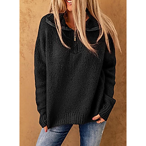 Dokotoo Oversized Quarter Zip Pullover Sweaters for Women Cute Waffle Knit Oversized Fall Winter Outfits Jumpers TopFashion V Neck Long Sleeve Warm Cozy Polo Ladies Black Sweater X-Large
