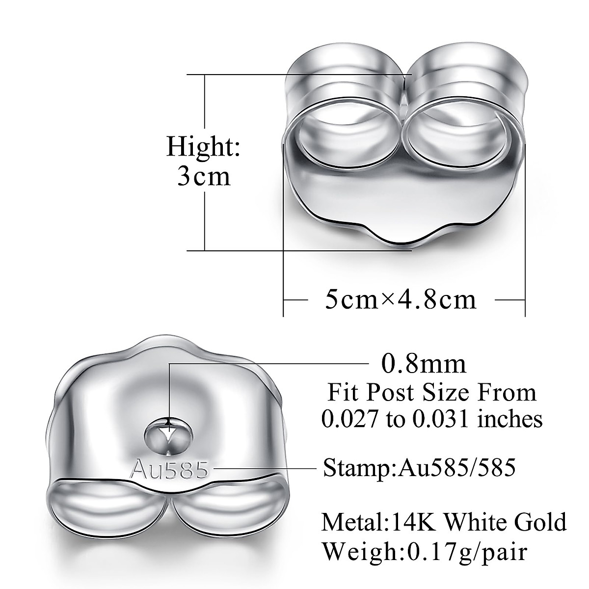 White Gold Earring Backs 14K Solid Gold 0.17 Grams AU585 Butterfly Real Earrings Backs Replacements for Studs 585 Hypoallergenic Pierced Secure