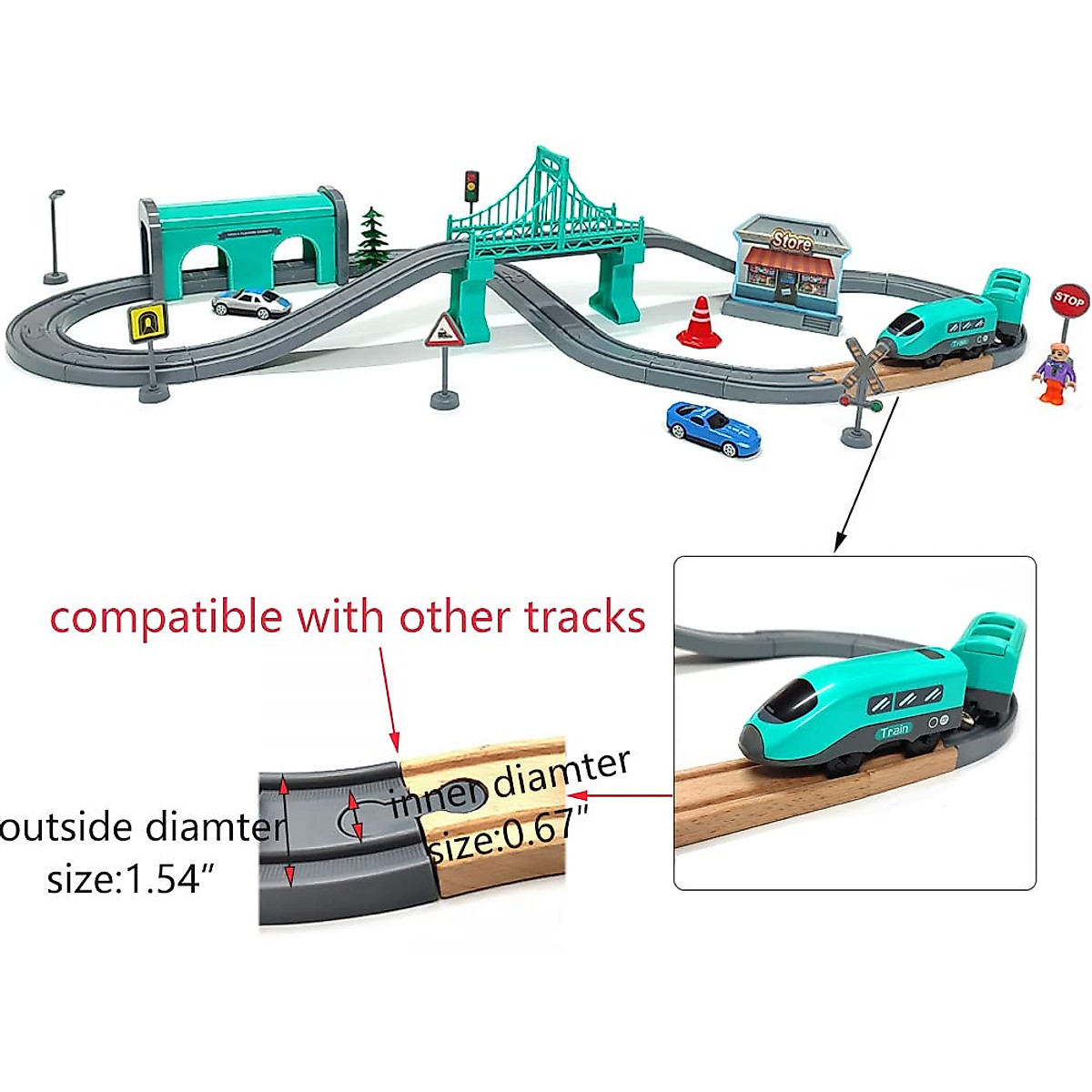 DSHMIXIA Battery Operated Train Set for Kids Electric Train Sets Toys for 3 Year Old Boys 4-7 8-14 Around Wooden Train Track Set for Christmas Tree (City Track Train)