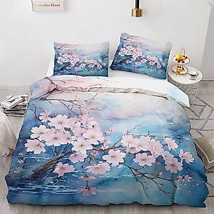 OmErsa Cherry Blossom Duvet Cover Queen Size Set, Japanese Asian Bedding Bedroom Decor, Comforter Cover & 2 Pillowcases 3 Pieces, Home Collection Quilt Cover