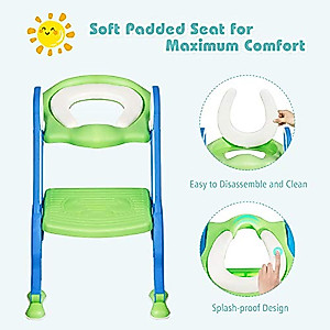 BABY JOY Kids Portable Potty Training Toilet Seat w/Step Stool Ladder, Foldable Adjustable Toddler Toilet Training Seat Chair with Non-Slip Pads and Soft Cushion Seat, for Boys Girls Toddlers (Blue)
