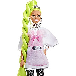 Barbie Extra Doll and Barbie Accessories with Neon Green Hair, Feather Boa and Pet Parrot