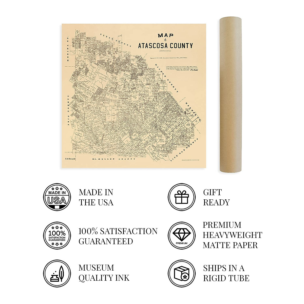 HISTORIX Vintage 1879 Atascosa County Texas Map - 16x16 Inch Vintage Map of Atascosa County Wall Art - Old Atascosa County Map Poster - History Map of Atascosa County TX Showing Land Ownership