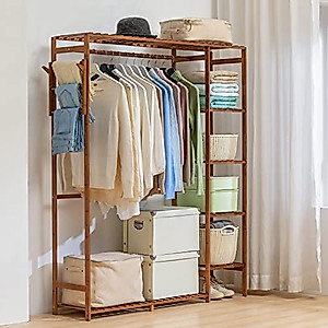 MoNiBloom Bamboo Clothes Rack, 6 Tier Garment Clothing Storage Shelving with Pants Scarves Racks and a Hanging Rob for Bedroom Living Room, Brown