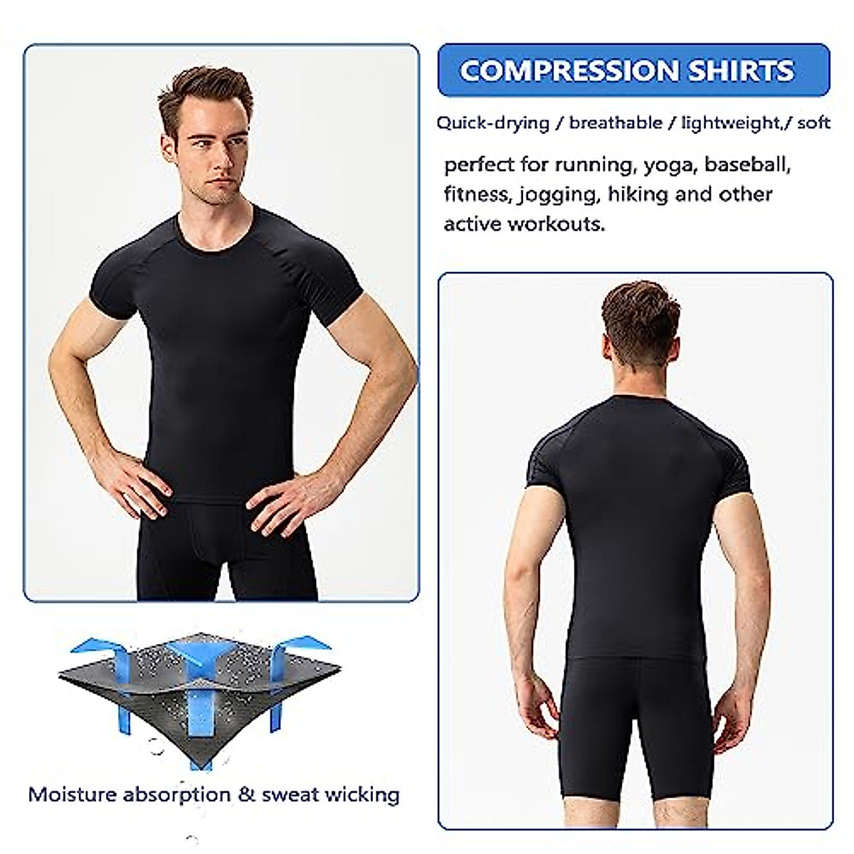 CARGFM Men Short Sleeve Compression Shirts Athletic Workout T-Shirt UPF 50+ Quick Dry Sports Base Layer Undershirts Black