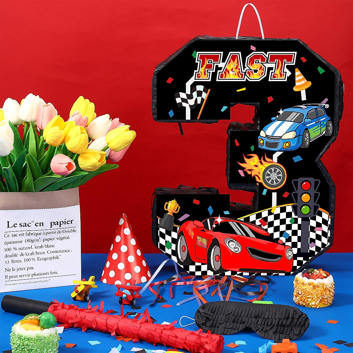 Race Car Number Pinata Girl Pull String Fast Pinata Small Racing Theme Pinata with Blindfold Stick Confetti for Boys Birthday Decorations Party Supplies (Number 3)