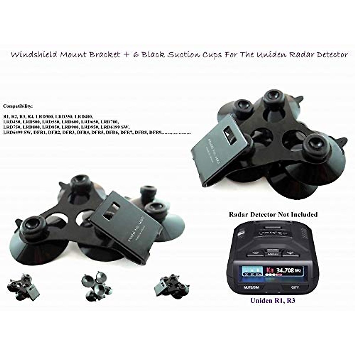 Improved Windshield Mount Bracket U3CBLK with 6 Black Suction Cups for Most Uniden Radar Detectors