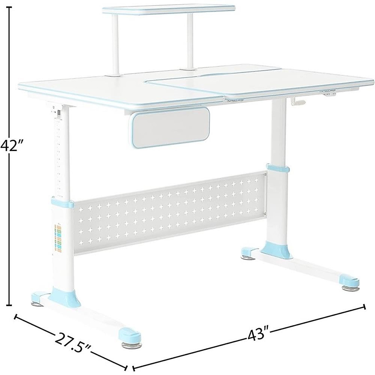 ApexDesk Height Adjustable Study Desk 43" w/Integrated Shelf & Drawer Little Soleil DX Series, Blue Desk Only
