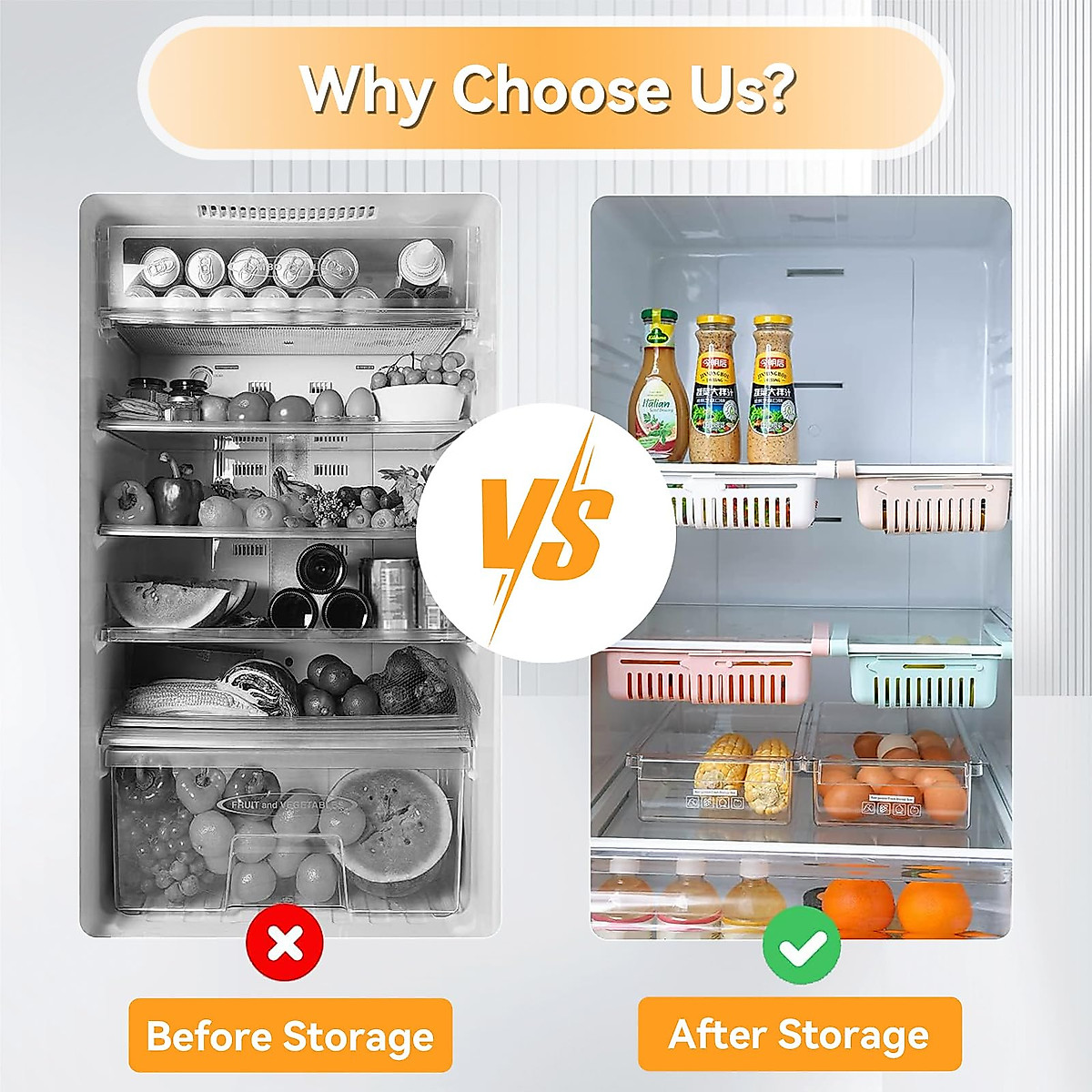 Gsycle Refrigerator Drawer Organizer, 2PCS Fridge Drawer Organizer Pull out Storage Box Refrigerator Bins Refrigerator Shelves for Egg Fruit Vegetable Seafood(Beige)