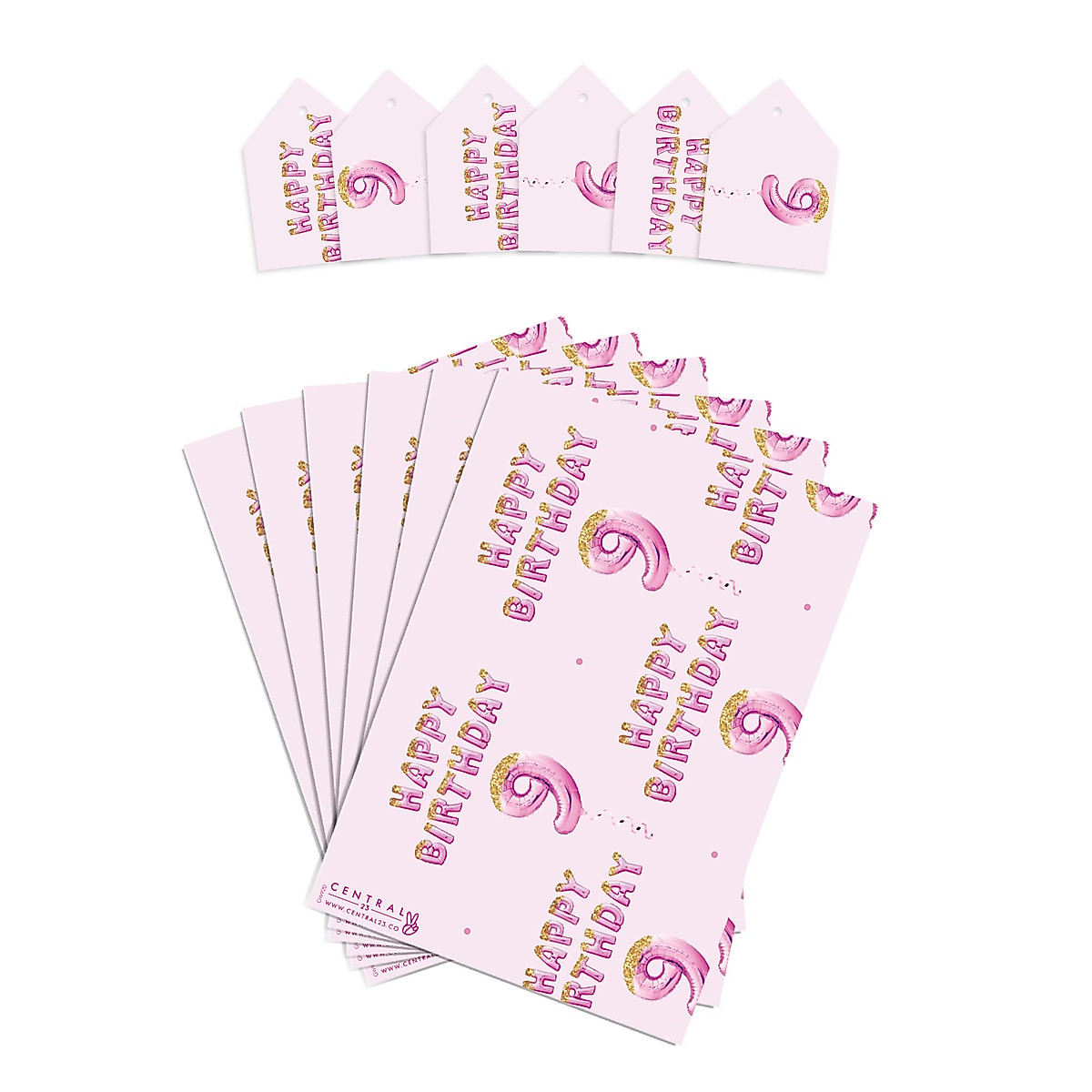 CENTRAL 23 Happy Birthday Wrapping Paper - 9 Year Old - 6 Sheets Pink Wrapping Paper - Girls Birthday Wrapping Paper - Comes With Stickers - Recyclable