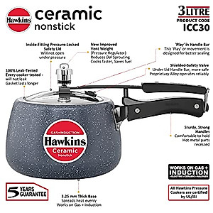 HAWKINS 3 Litre Ceramic Nonstick Pressure Cooker, Induction Inner Lid Cooker, Granite Contura Shaped Cooker, Best Cooker (ICC30)
