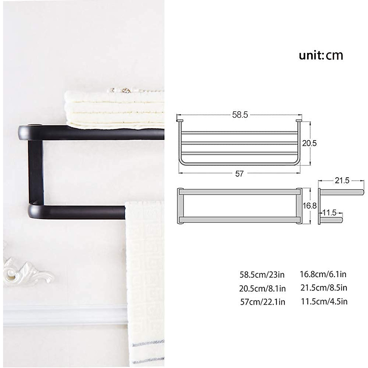 ALINZO Brass Plated Wall Mounted Towel Rack,Towel Rail Bathroom Double Towel Shelf Storage Rail Holder,Shower Shelf Organizer