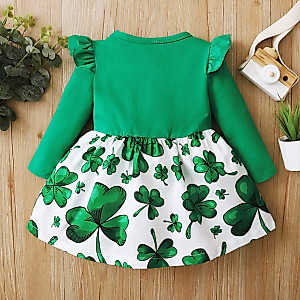 Toddler Baby Girl St. Patrick's Day Dress Ruffle Long Sleeve Top Lucky Clover Print Skirt Outfits (Green-, 18-24 Months)