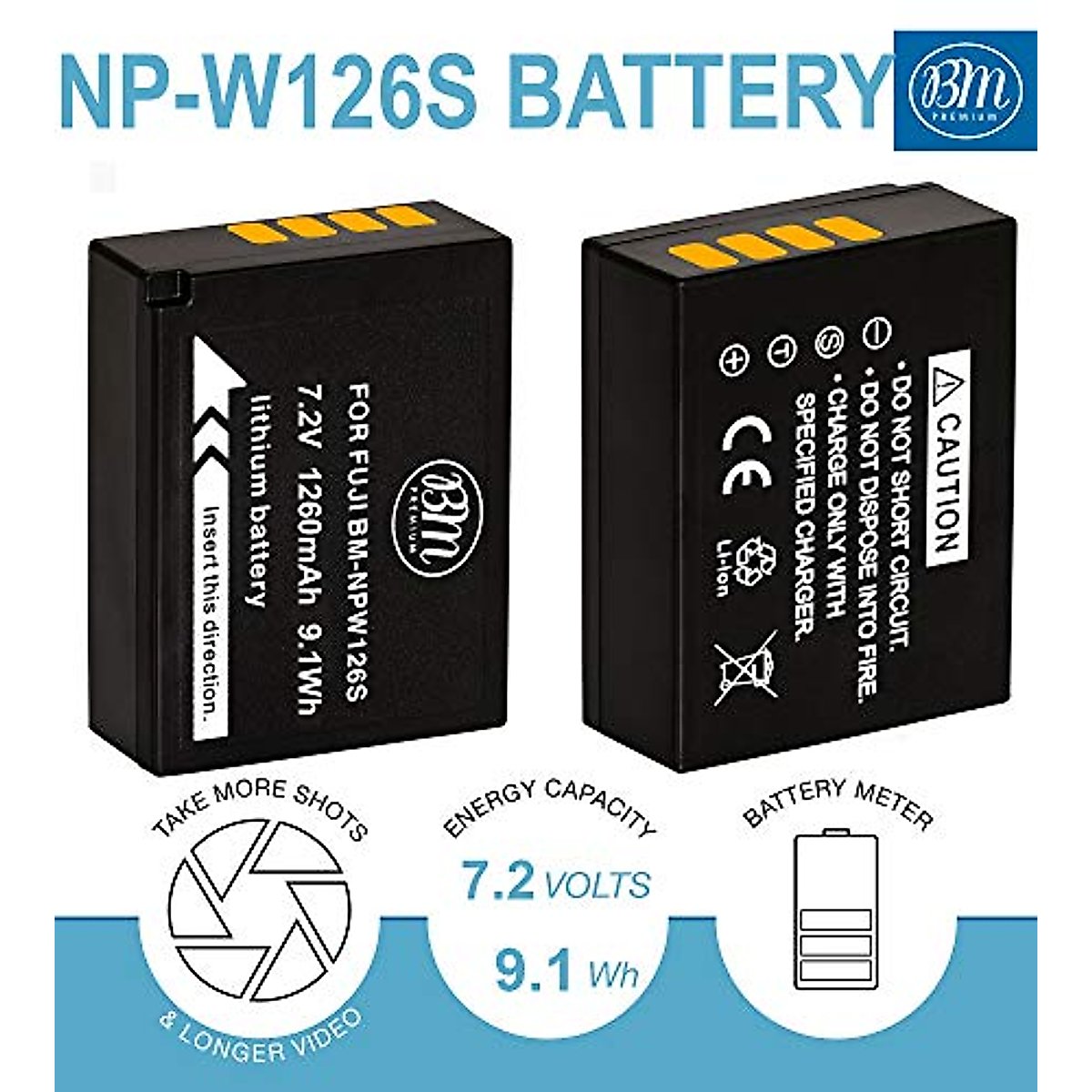 BM Premium NP-W126S High Capacity Battery and Charger for Fujifilm FinePix X-S10, X-T100, XT-200, X-100F X-100V X-A7 X-H1 X-T10 X-T20 X-T30 X-A3 X-A5 X-A10 X-E1 X-E2 X-E2S X-E3 X-T1 X-T2 X-T3 Cameras