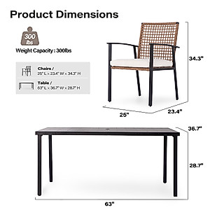 LAUSAINT HOME 7 Pieces Patio Dining Set, Outdoor Furniture Set of 6 Chairs with Soft Cushion and Iron Slats Table Top with Umbrella Hole, Conversation Set for Backyard, Garden and Poolside