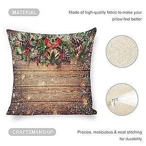 Christmas Bells Fir Tree Throw Pillow Covers 18×18 Pillowcases Set of 2 Dark Wooden Board Linen Decorative Square Pillow Case Cushion Covers Standard Size for Sofa Couch Outdoor Bed Pillow Protectors