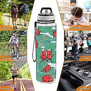 32oz Sports Water Bottle with Leakproof and BPA-Free,Red Ladybug in Green Leaves, Gym Bottle with -Ideal Gift for Fitness Sports & Outdoors