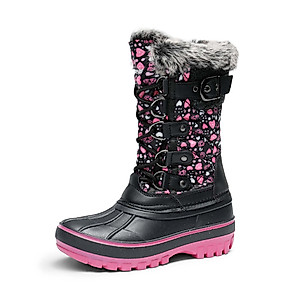 DREAM PAIRS Boys Girls Snow Boots Water-Resistant Outdoor Warm Cozy Anti-Slip Mid Calf Faux Fur Lining Insulated Winter Shoes for Little/Big Kids,Size 2 Little Kid,Black/Pink,KRIVER-1