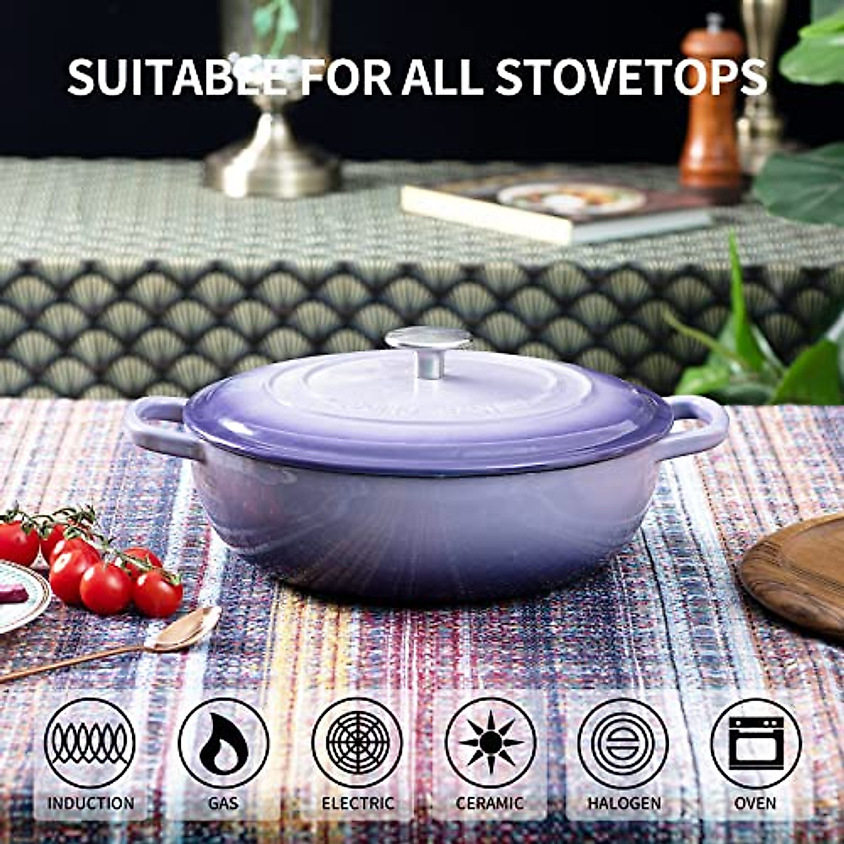 EDGING CASTING Enameled Cast Iron Dutch Oven Shallow Casserole Braiser with Dual Handle, 3.8-QT, Purple