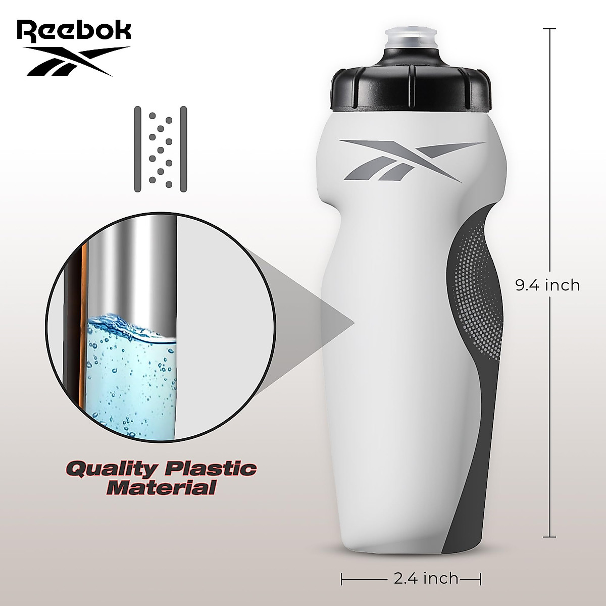Reebok Squeeze Water Bottles With Athletic Design - Water Bottle 24 oz - Sports Water Bottle - Reusable Water Bottle For Gym, Running, Hiking etc, BPA Free (White)